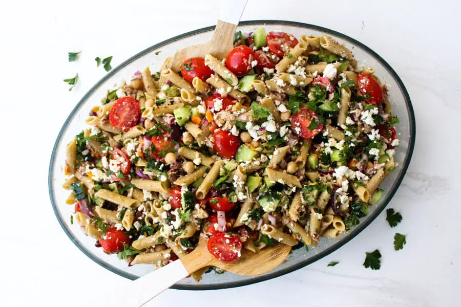 Mediterranean Tuna Chickpea Pasta Salad - Berry Sweet Life